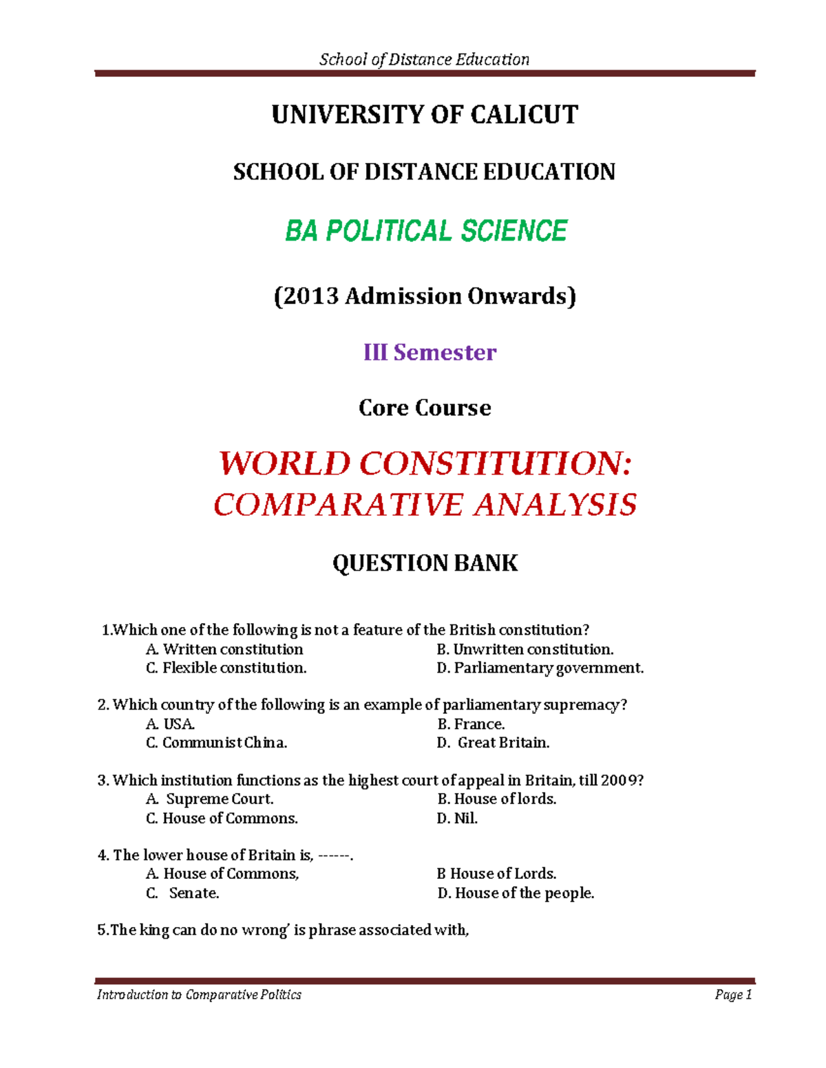 World Constitution Comparative Analysis ( BA Political Sciences Question BANK - Introduction to ...