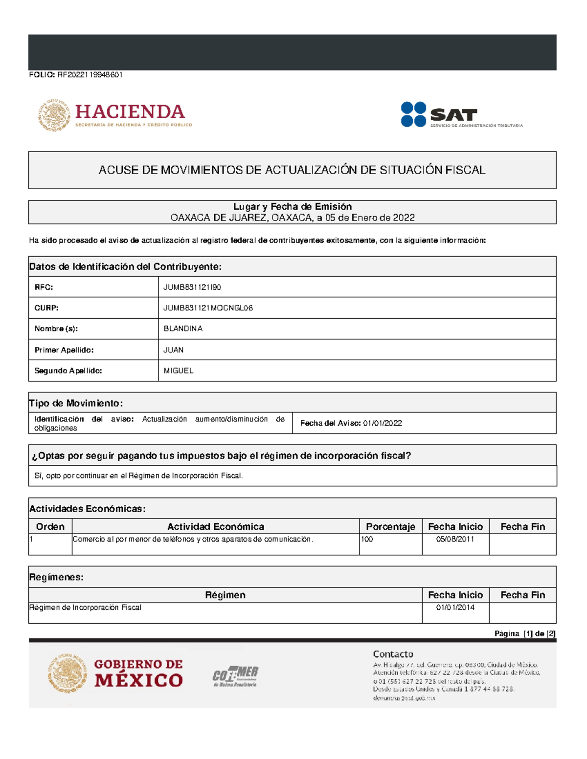 SAT - FOLIO: RF ACUSE DE MOVIMIENTOS DE ACTUALIZACIÓN DE SITUACIÓN ...