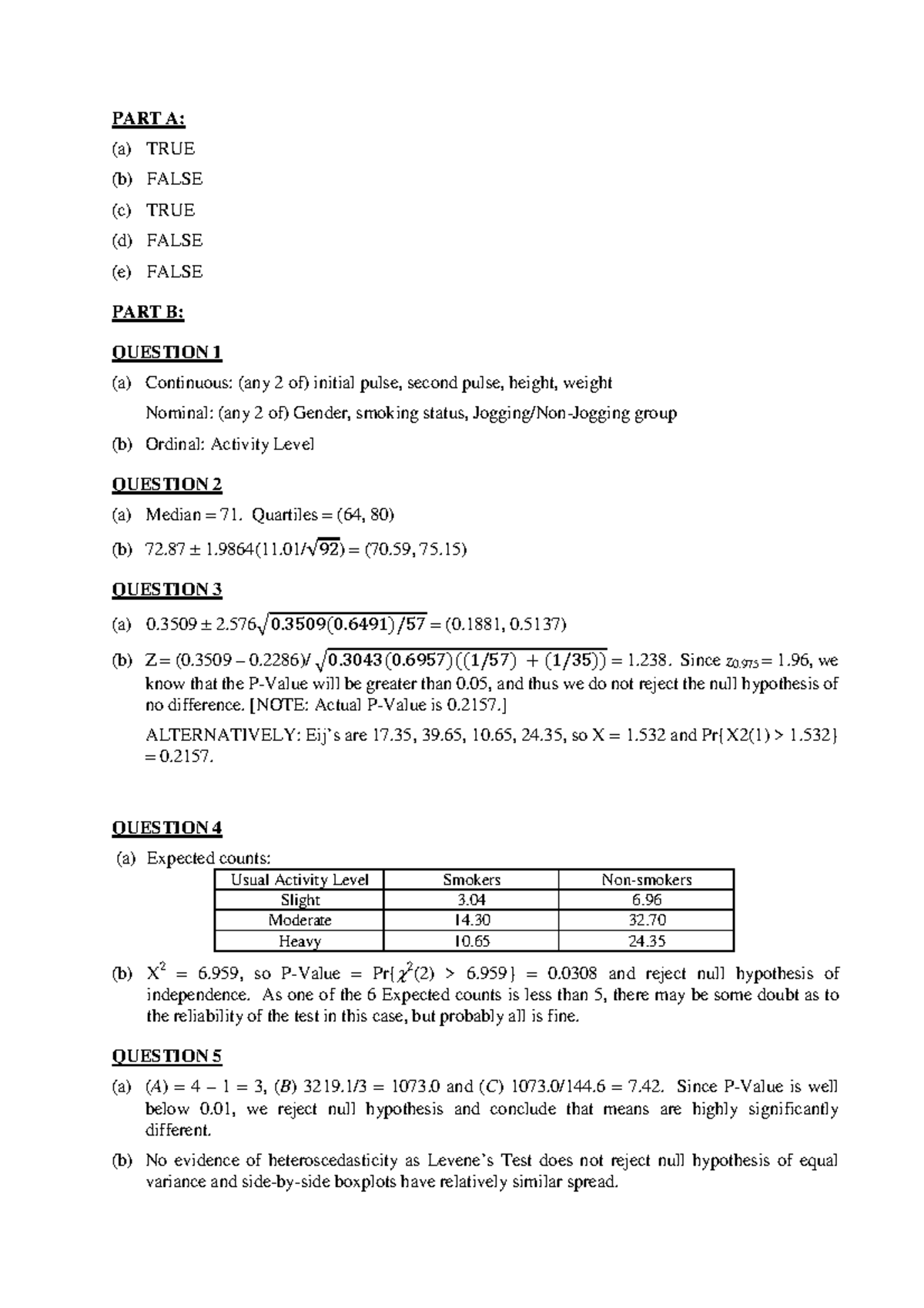 Exam, answers - PART A: (a) TRUE (b) FALSE (c) TRUE (d) FALSE (e) FALSE ...