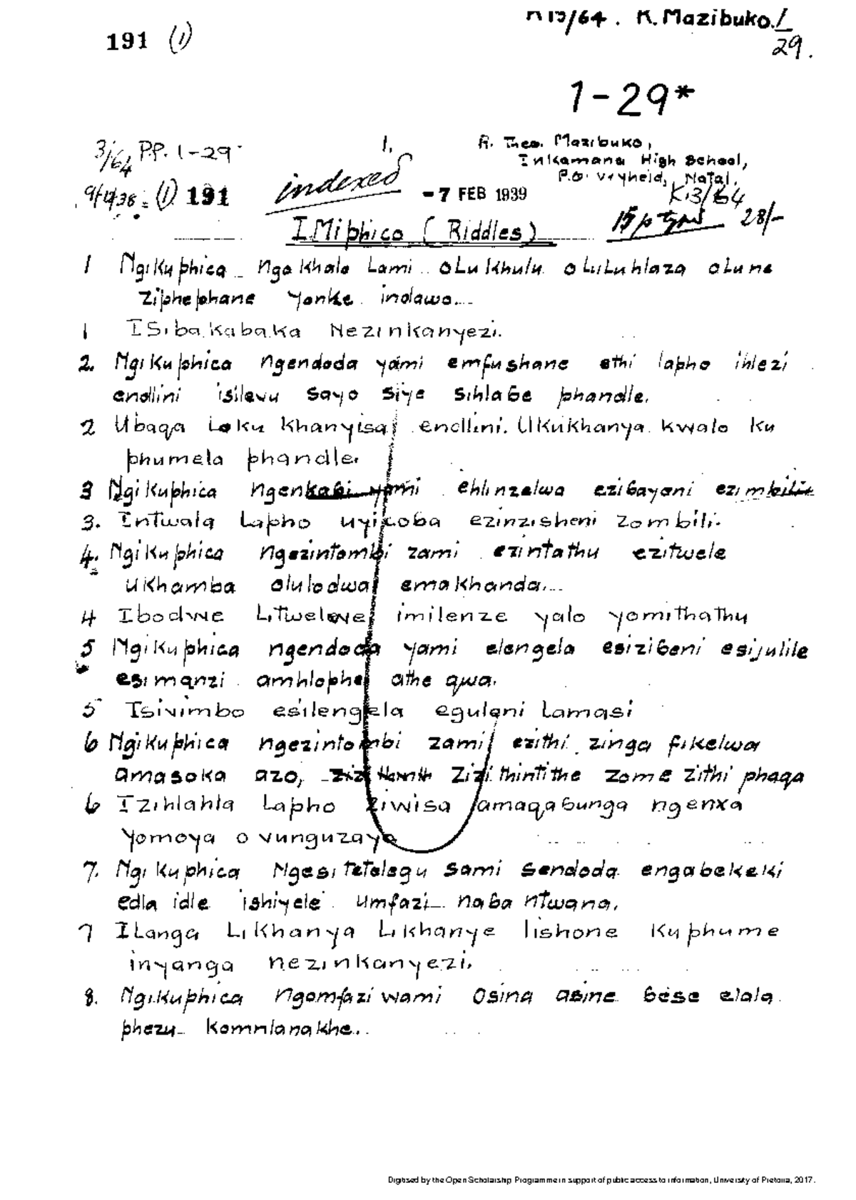 RIDDLES IN ISIZULU - 191 (/) n •"f'+. 1'. Mzibuko ;?, "') ' D I R. -:t ...