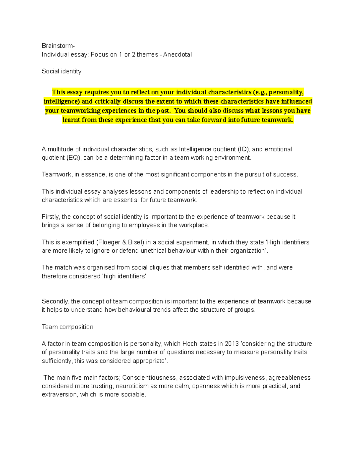 Brainstorm - Brainstorm- Individual essay: Focus on 1 or 2 themes ...