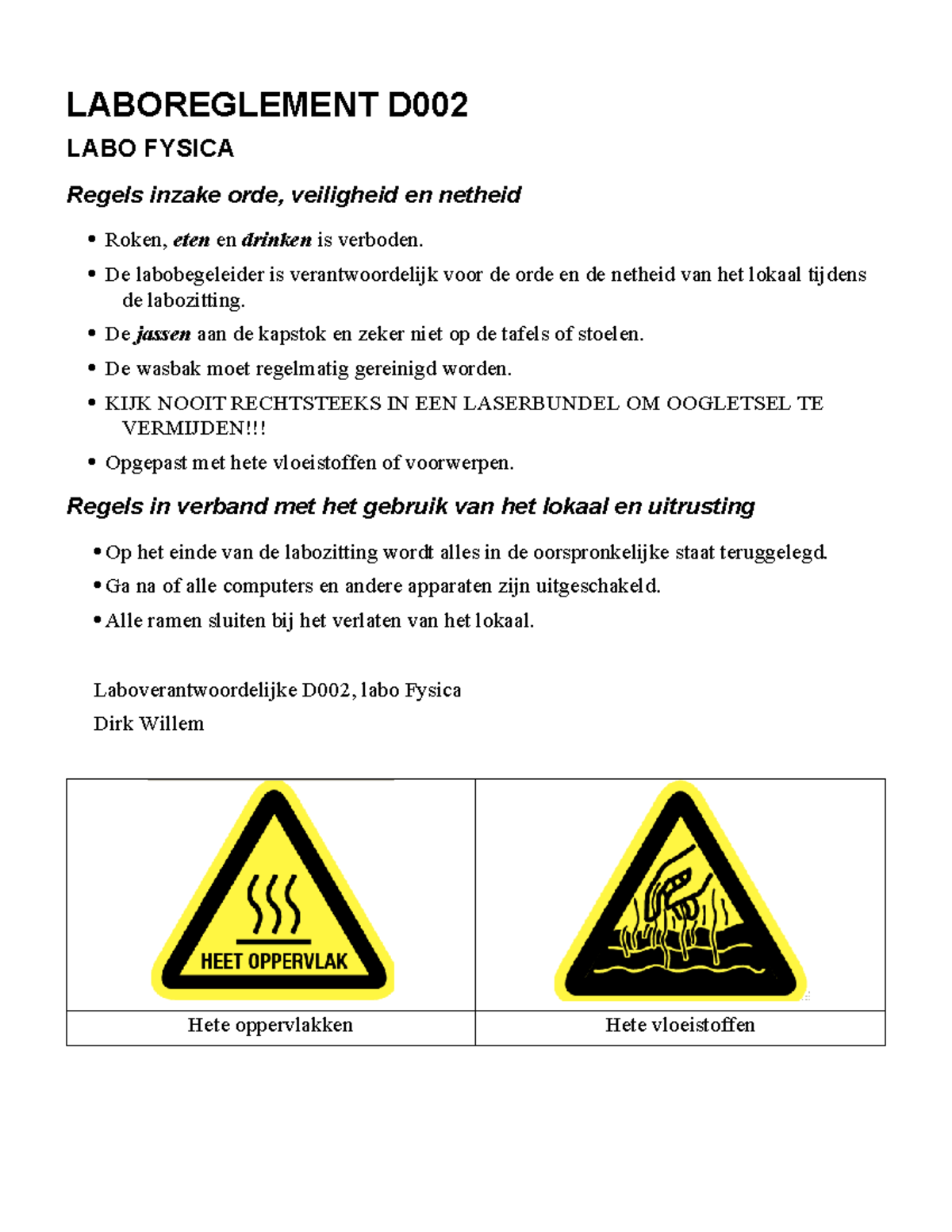 Reglement labo D002 voor studenten - LABOREGLEMENT D LABO FYSICA Regels ...