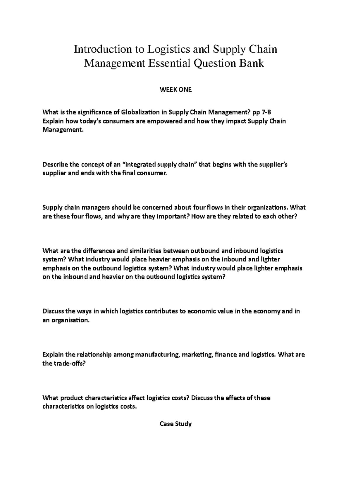 Essential Questions for exam - Introduction to Logistics and Supply ...