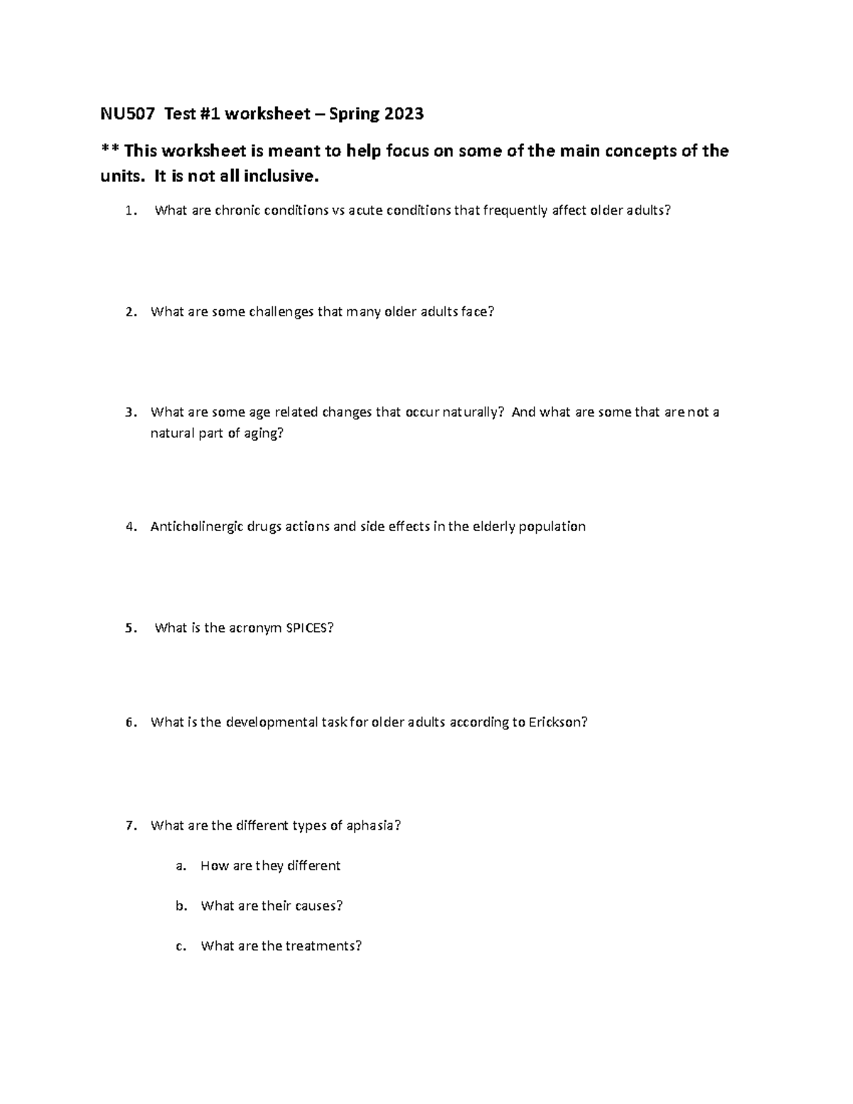 Test 1 worksheet SP 23 - Test 1 WS - NU507 Test #1 worksheet – Spring ...