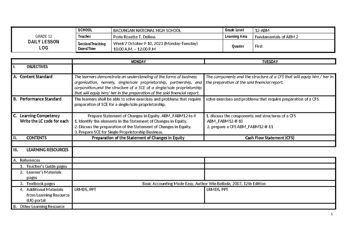 FABM2_DLL Q1 WEEK7 - GRADE 12 DAILY LESSON LOG SCHOOL BACUNGAN NATIONAL HIGH SCHOOL Grade Level ...