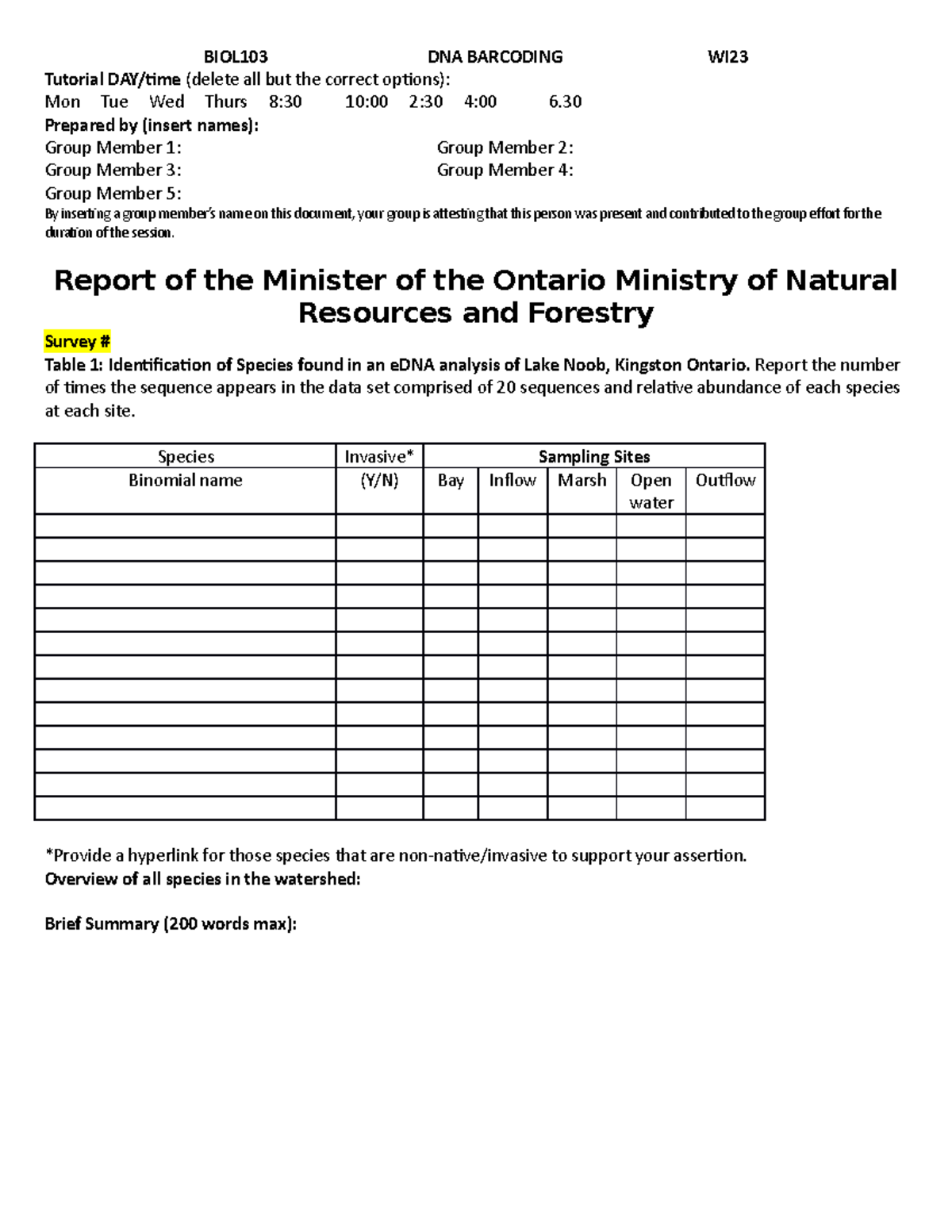 E DNA Final Report Template - BIOL103 DNA BARCODING WI Tutorial DAY ...