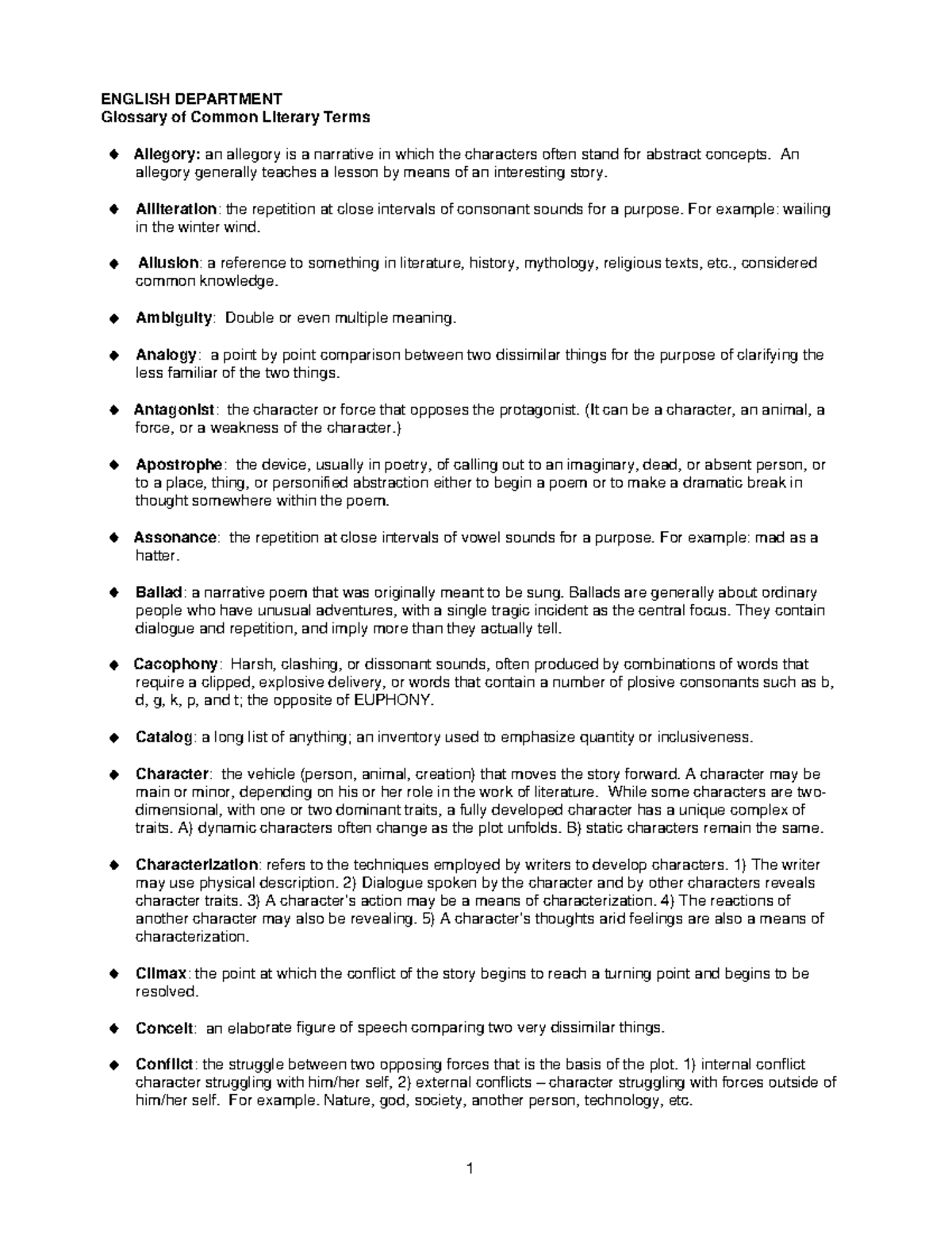 Copy of literary terms - ENGLISH DEPARTMENT Glossary of Common Literary ...