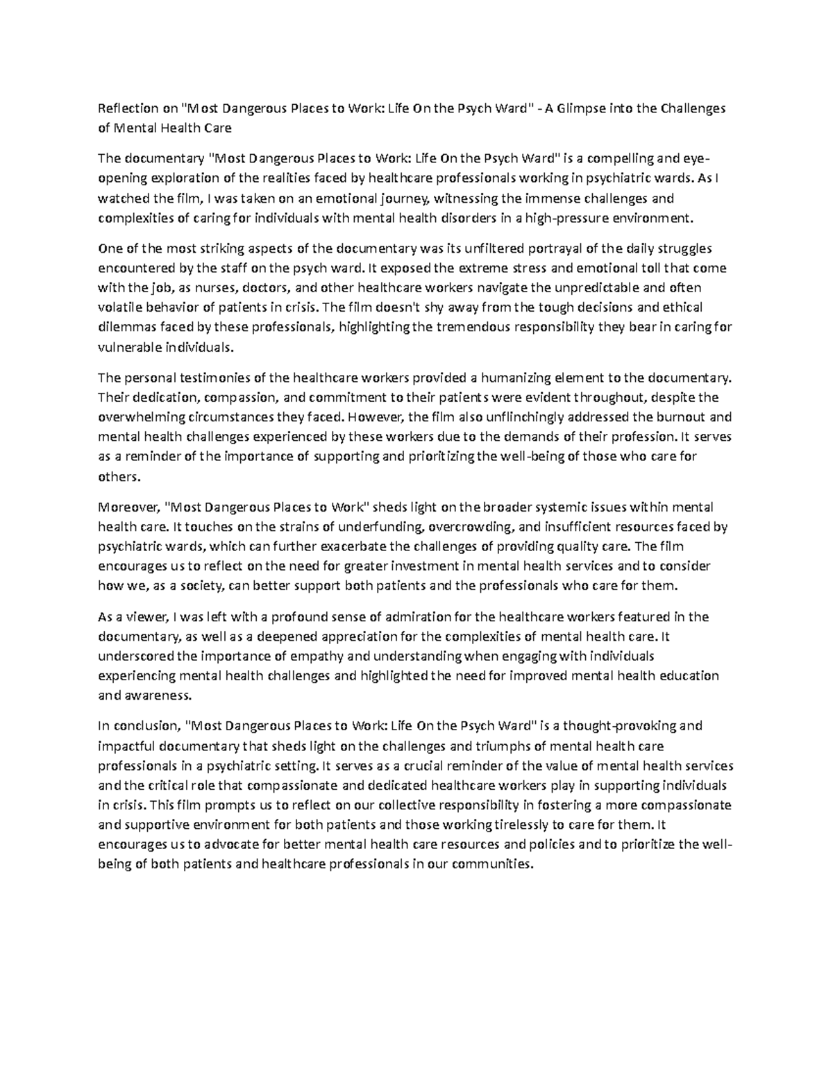 Reflection on "Most Dangerous Places to Work: Life On the Psych Ward ...