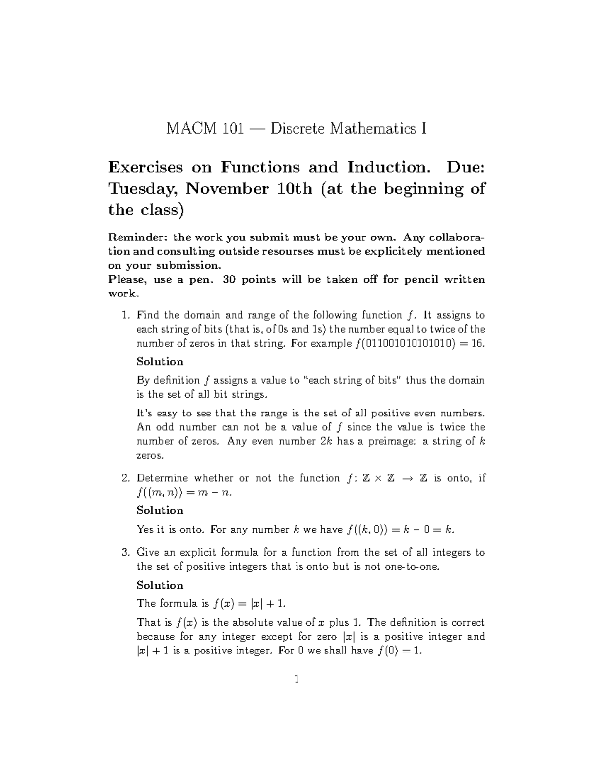 Assignment 4 Solutions Macm 101 — Discrete Mathematics I Exercises On Functions And Induction