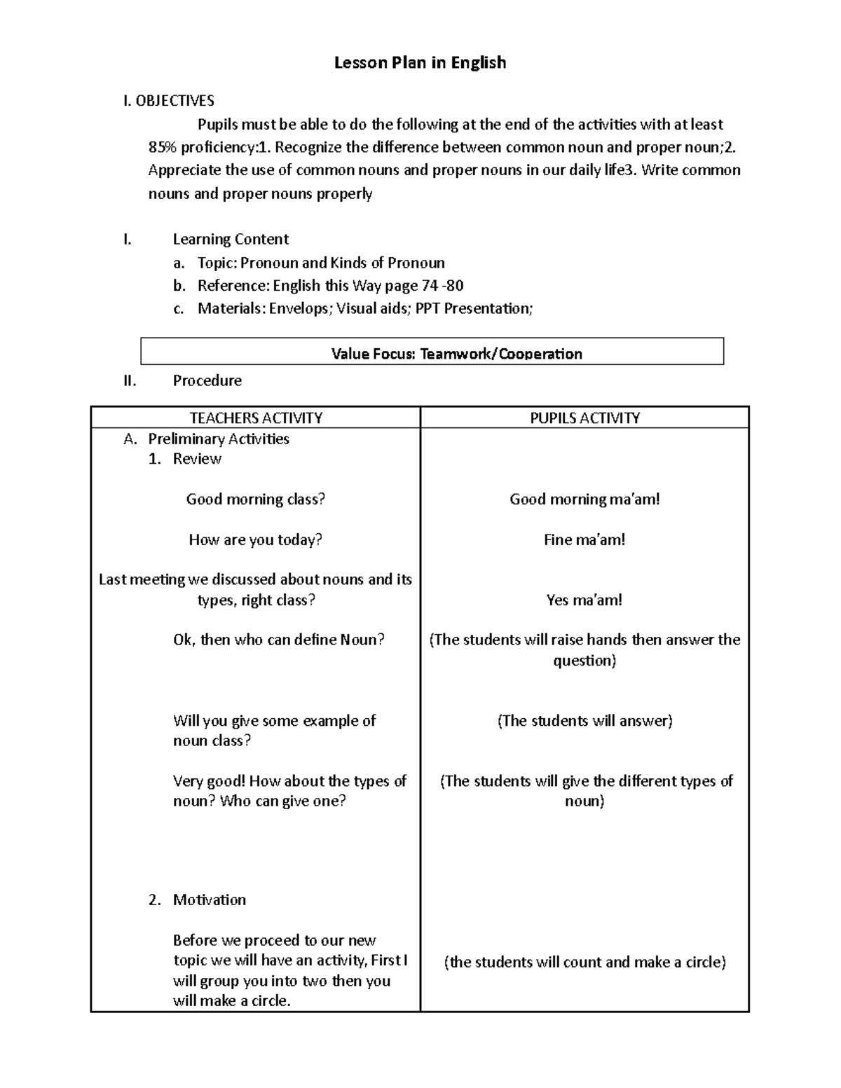 Lesson Plan In English I OBJECTIVES Pupils Must Be Able To Do The