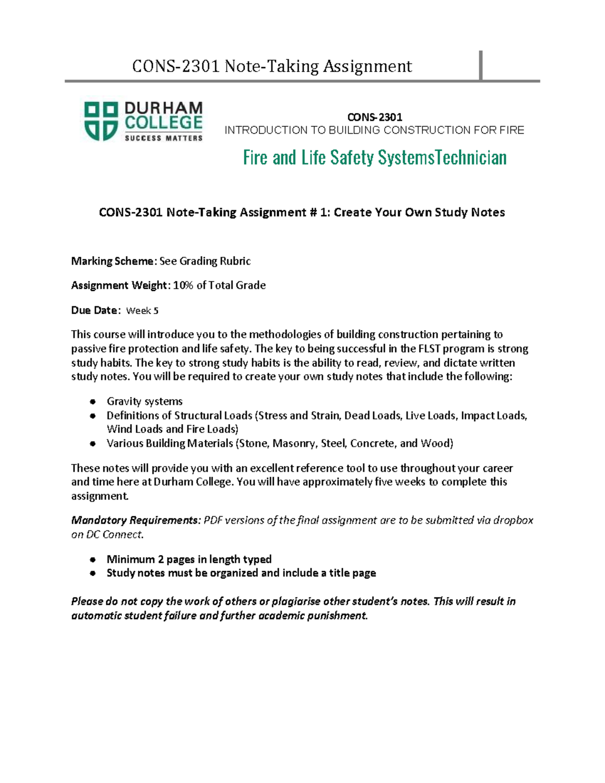 Note Taking Assignment CONS-2301 - CONS- INTRODUCTION TO BUILDING ...