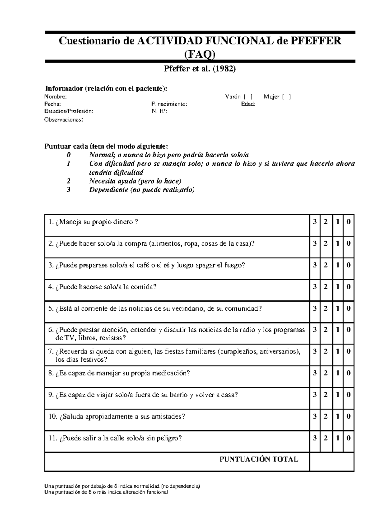Cuestionario Actividad Funcional Pfeffer - Cuestionario de ACTIVIDAD ...