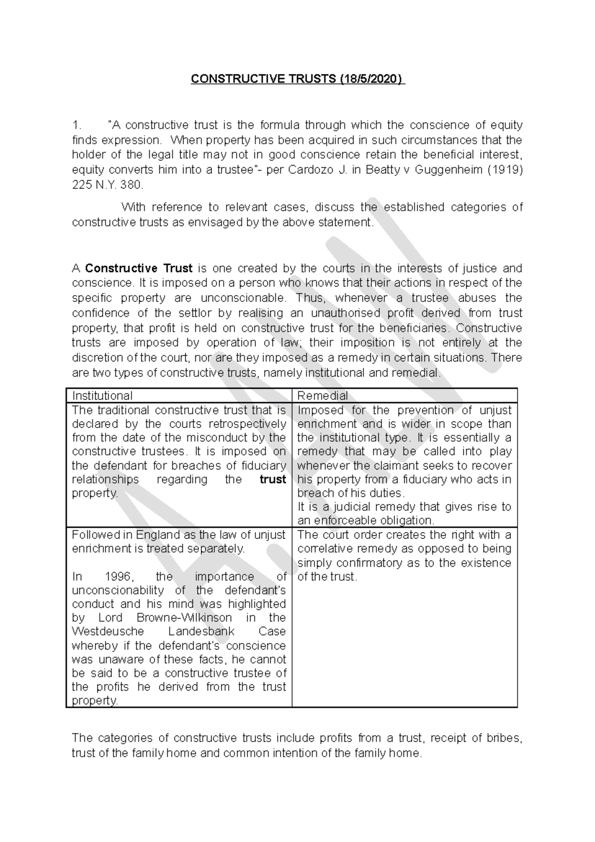 Constructive Trusts Tutorial Q1 - CONSTRUCTIVE TRUSTS (18/5/2020) “A constructive trust is the ...