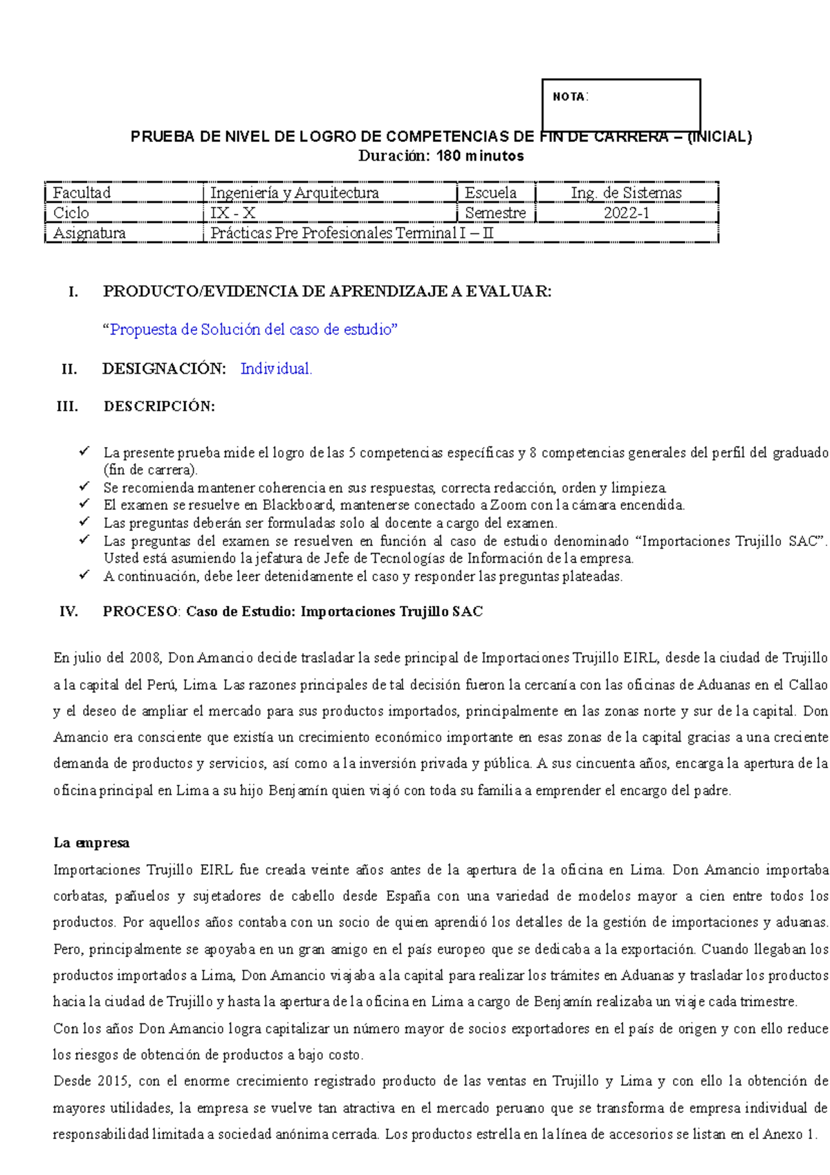 Examen PLC IV Nivel (Entrada) 202201 - PRUEBA DE NIVEL DE LOGRO DE COMPETENCIAS DE FIN DE ...