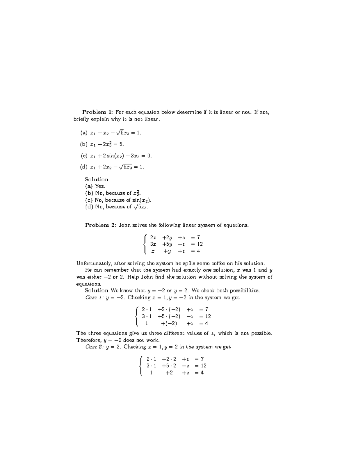 125 SOL1 - math 125 - Problem 1 : For each equation below determine if it is linear or not. If ...