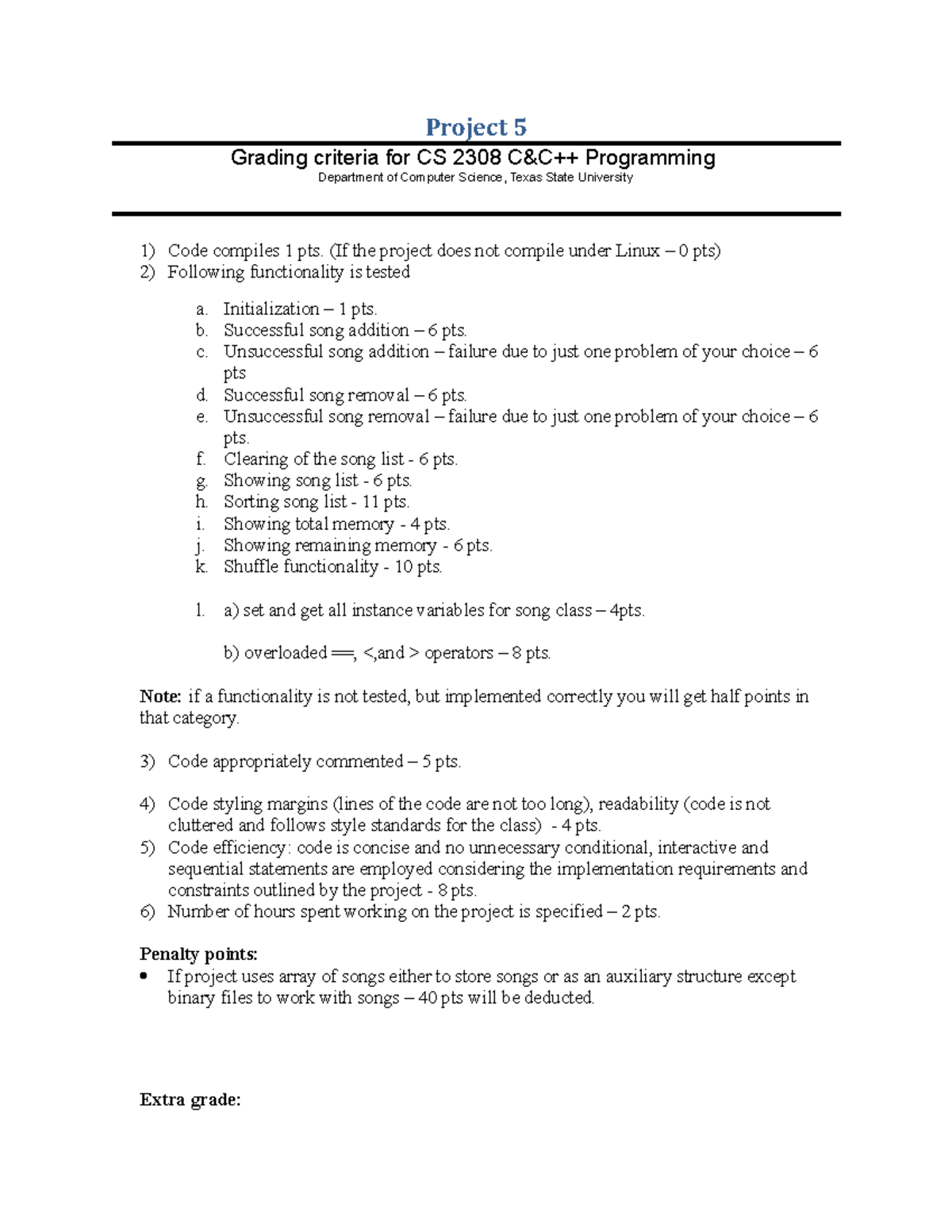 5th Project Grading Criteria Project 5 Grading Criteria For Cs 2308 C