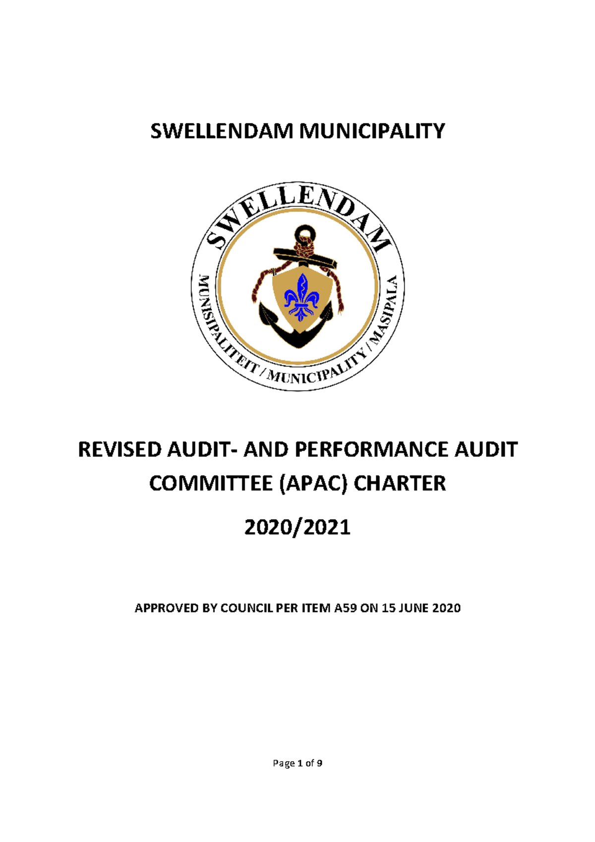 APAC Charter 2020-21 (approved) - SWELLENDAM MUNICIPALITY REVISED AUDIT ...