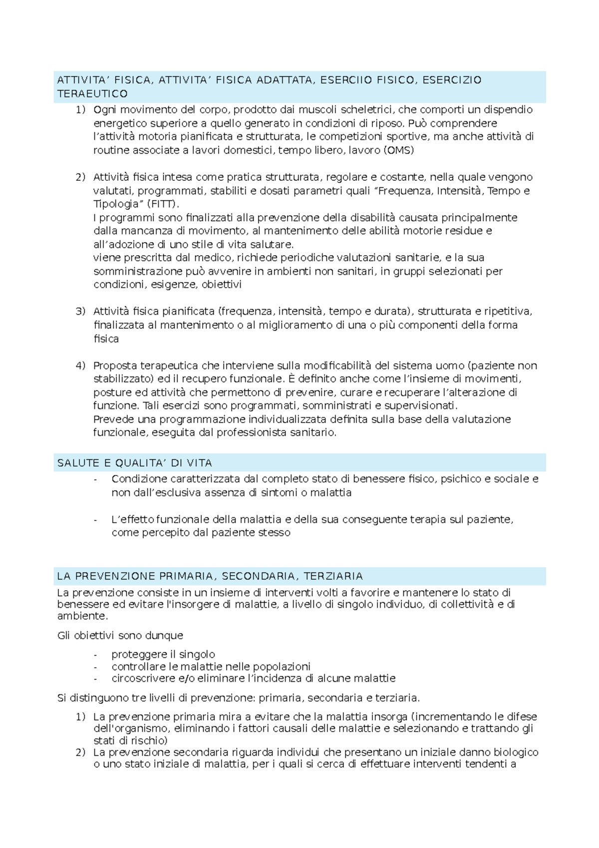 Rieducazione motoria primo semestre 1 - ATTIVITA’ FISICA, ATTIVITA ...