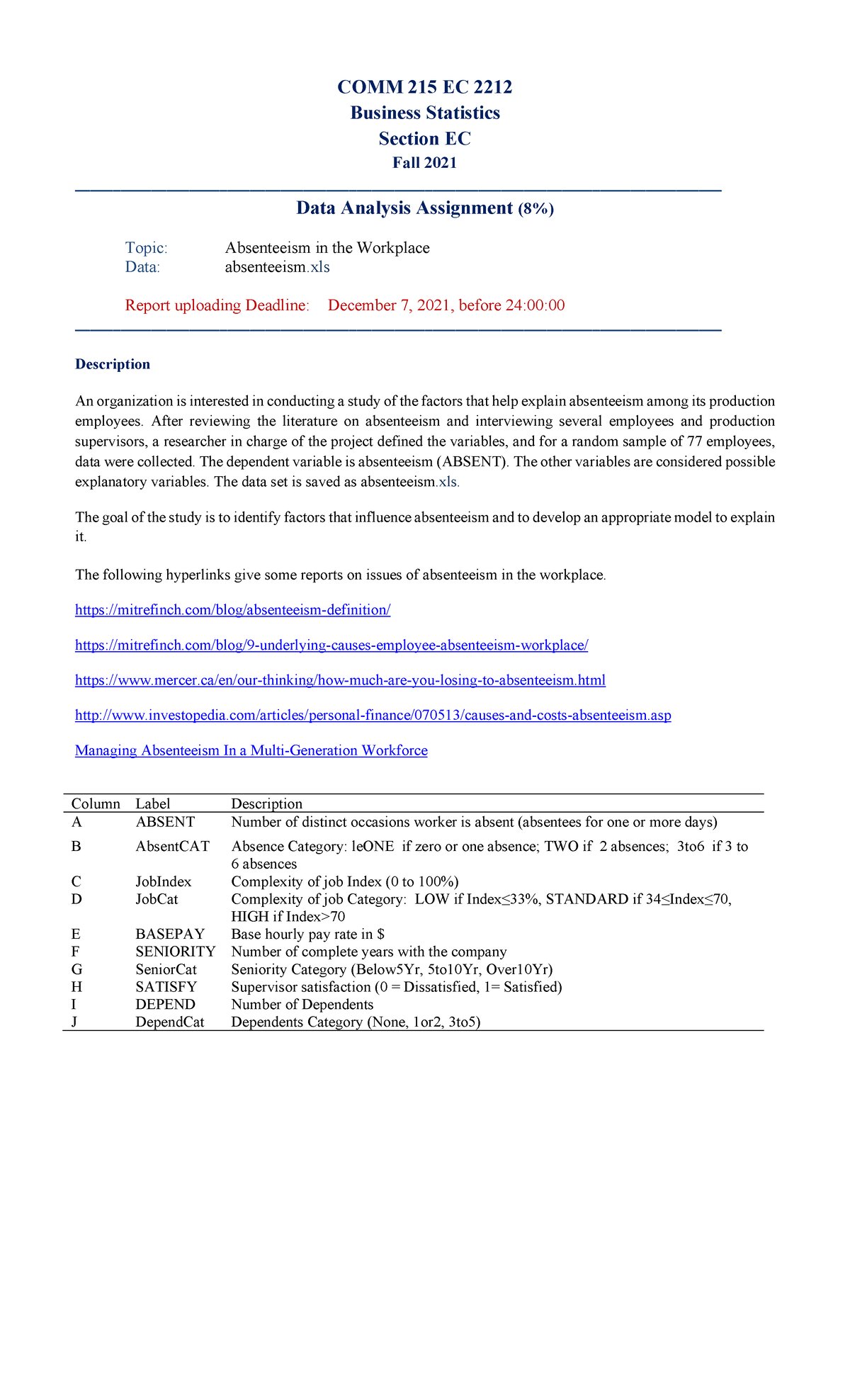 Data Analysis Instructions - COMM 215 EC 2212 Business Statistics ...