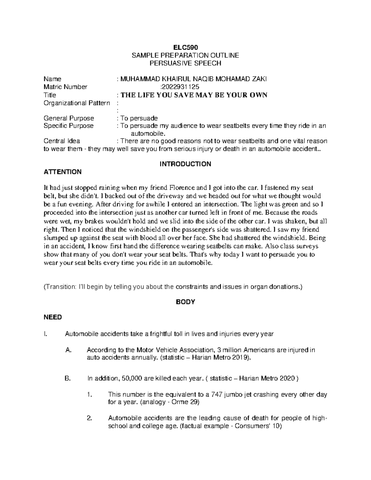 ELC590 YOU SAVE MAY BE YOUR OWN - ELC SAMPLE PREPARATION OUTLINE ...