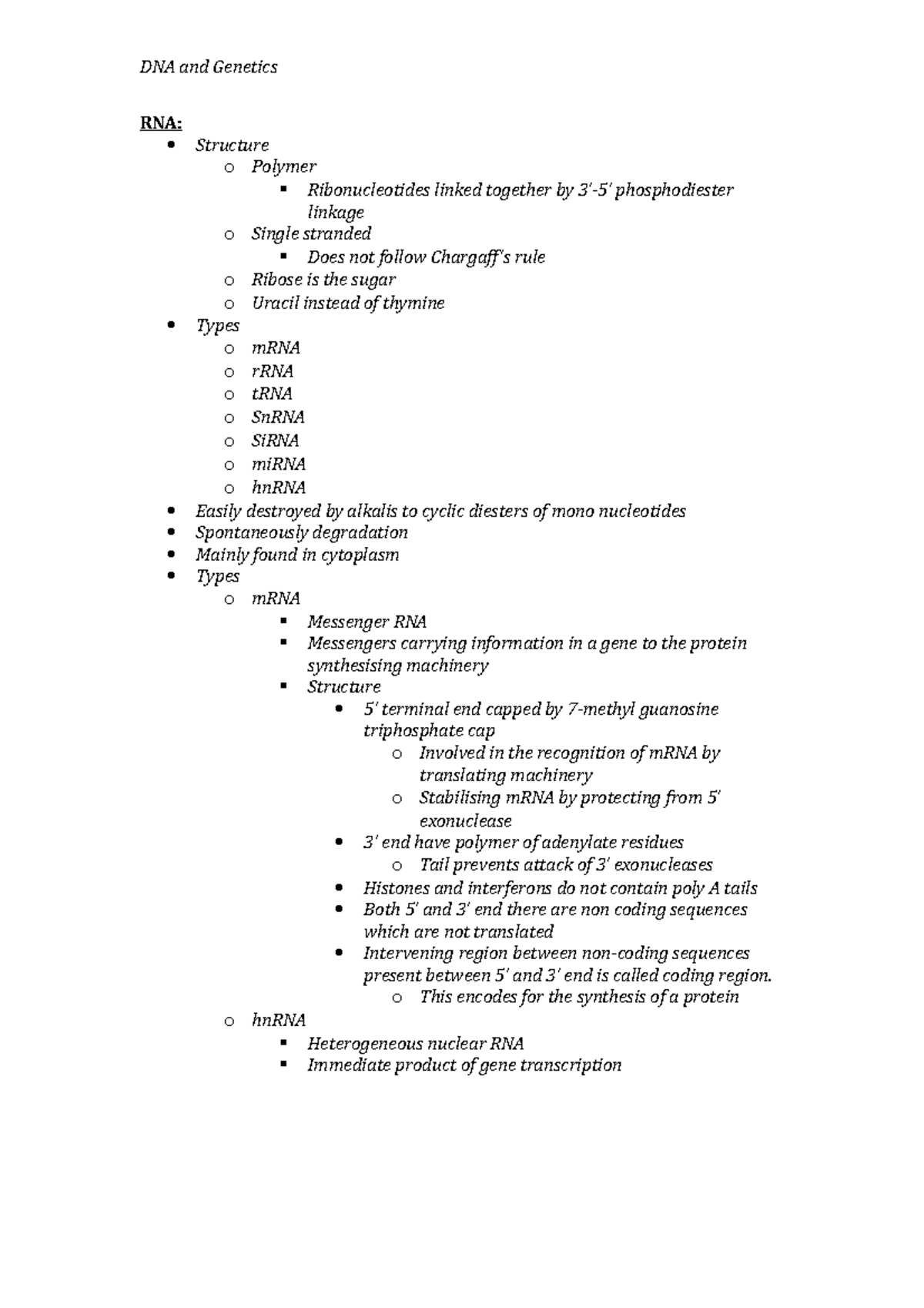 Rna Lecture Notes Structure And Function Of Rna Dna And Genetics Rna Structure O Polymer