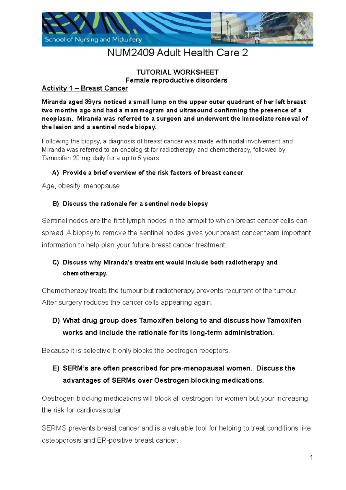 Tutorial Female & Male reproductive disorders - TUTORIAL WORKSHEET ...