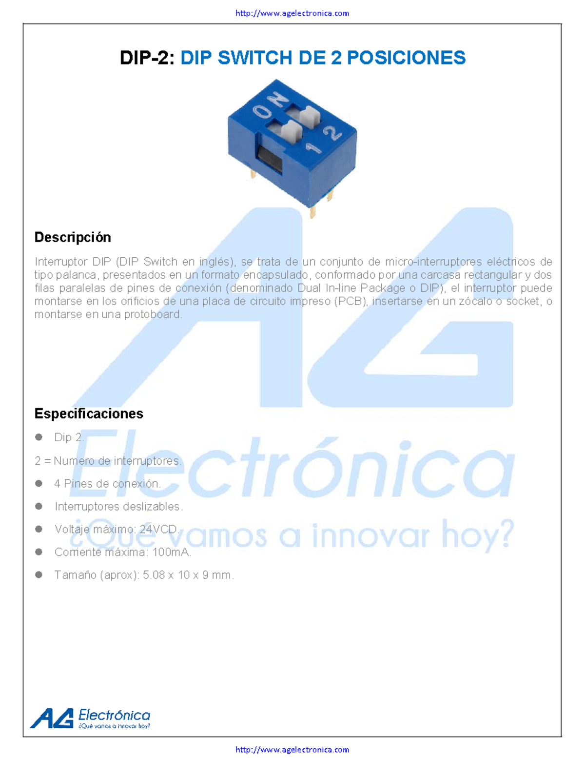 DIP-2 - Especificaciones Dip 2. 2 = Numero de interruptores. 4 Pines de ...