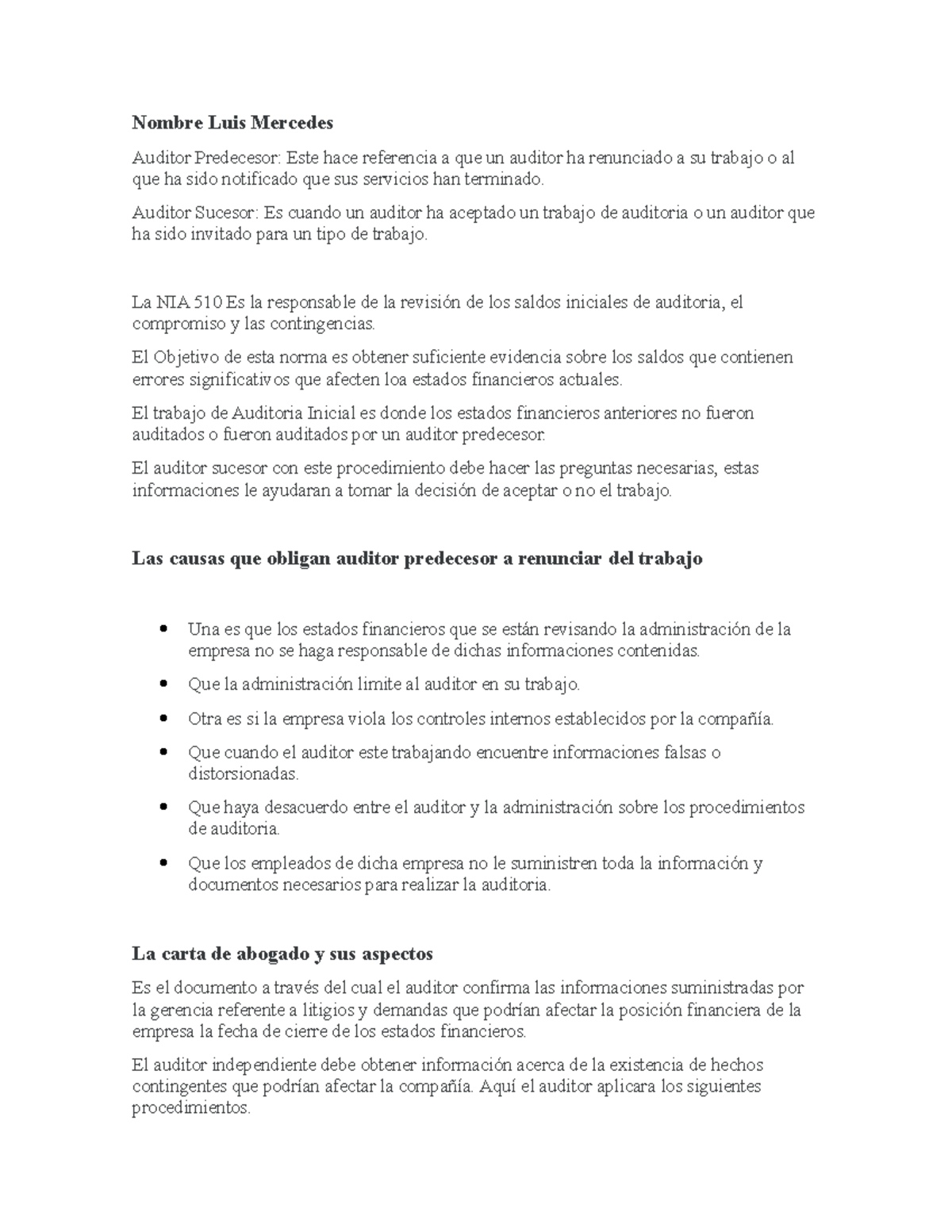 Análisis - Auditor Predecesor y Sucesor - Nombre Luis Mercedes Auditor ...