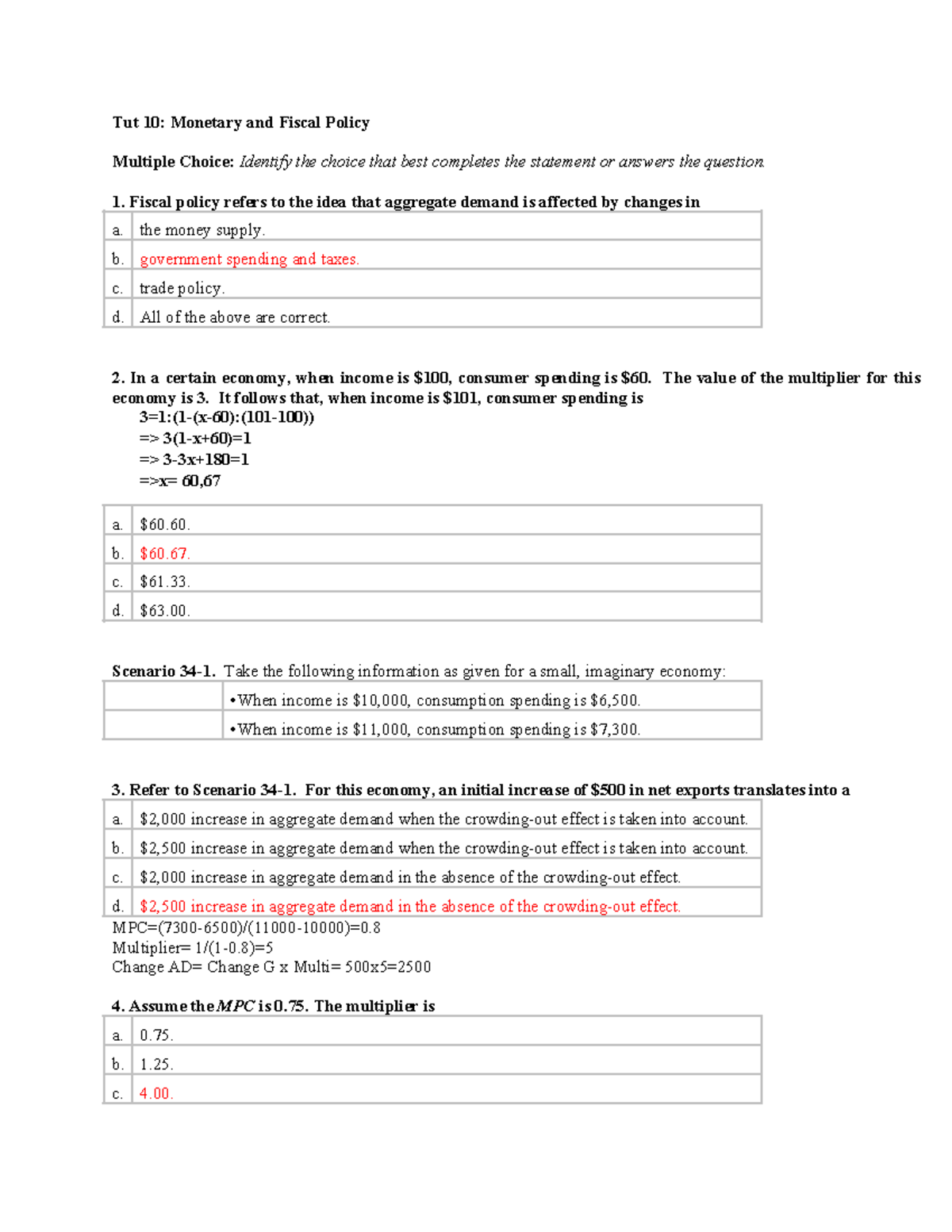 Tut 10 - good - Tut 10 : Monetary and Fiscal Policy Multiple Choice ...