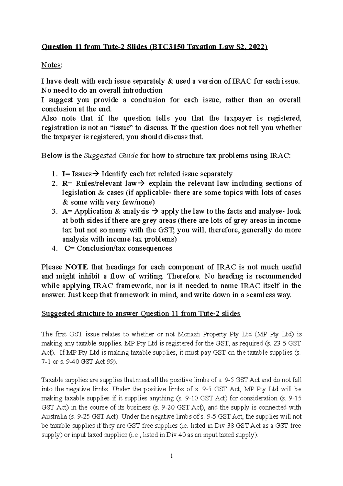Sample Answer to a GST Q. 11 showing how to structure an problem style ...