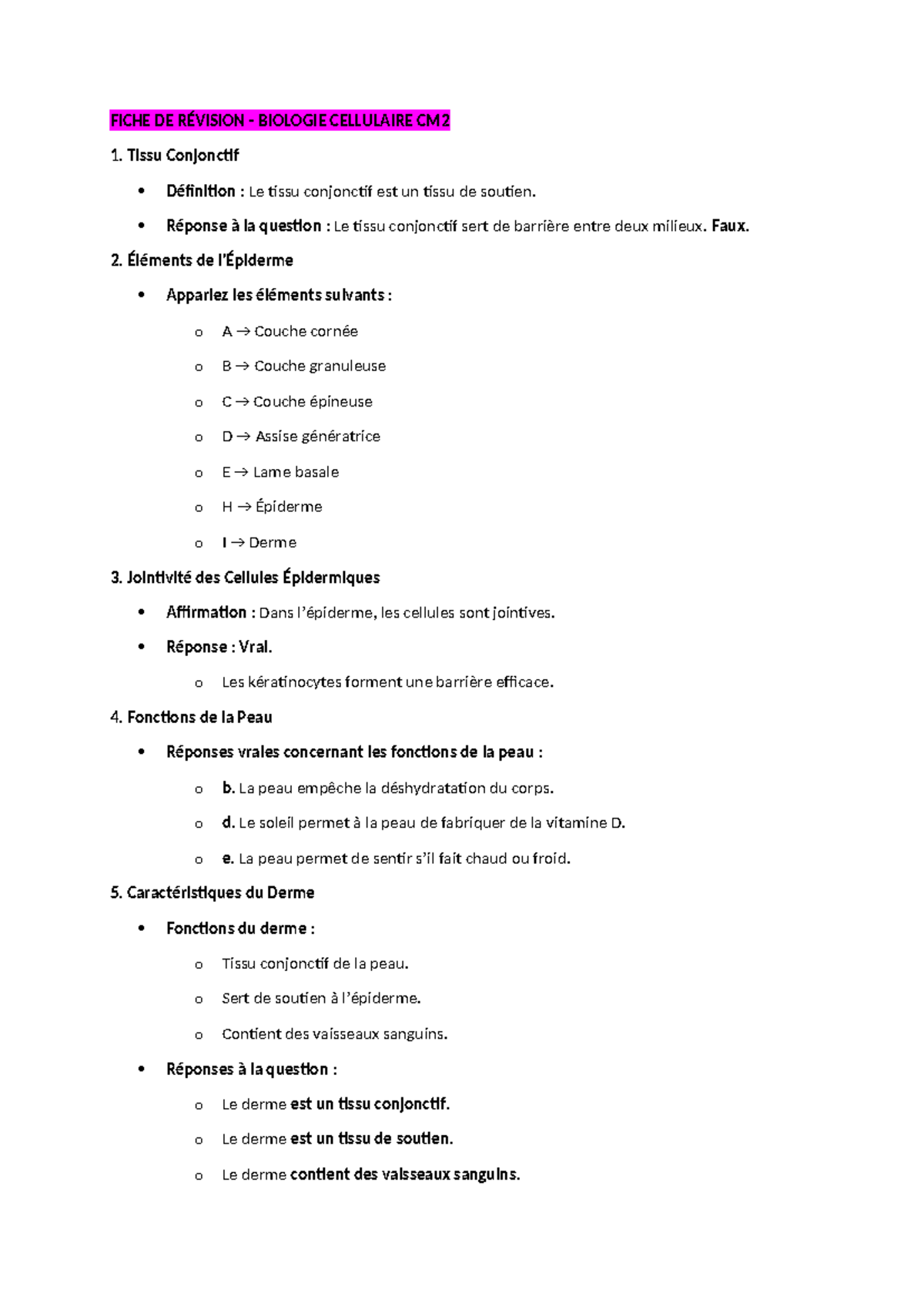 CM2 QCM CM3 /CM4 - FICHE DE RÉVISION - BIOLOGIE CELLULAIRE CM 1. Tissu ...
