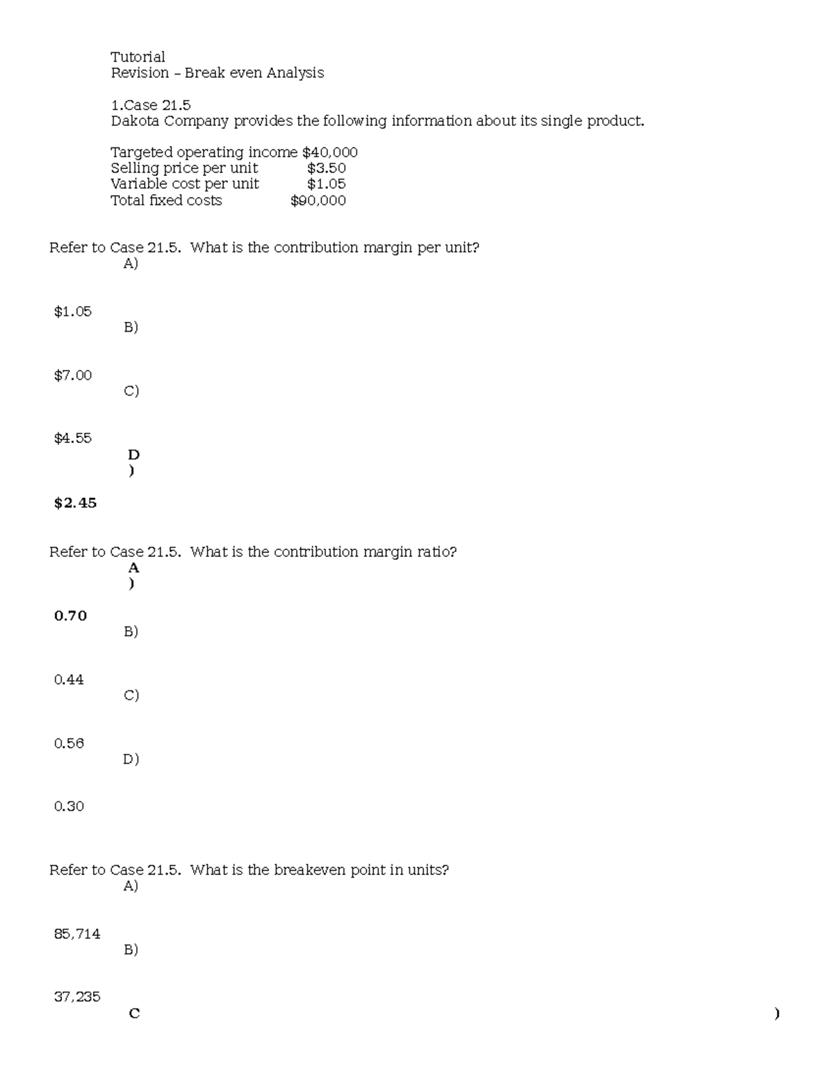 CVP exe bep question - qwertyuiookjhgf - Tutorial Revision – Break even ...