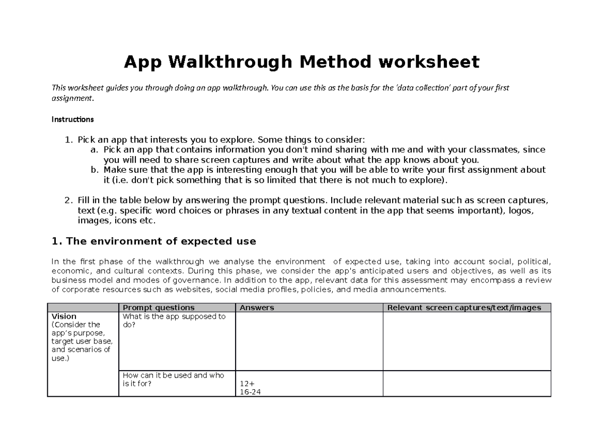 App walkthrough worksheet - App Walkthrough Method worksheet This ...