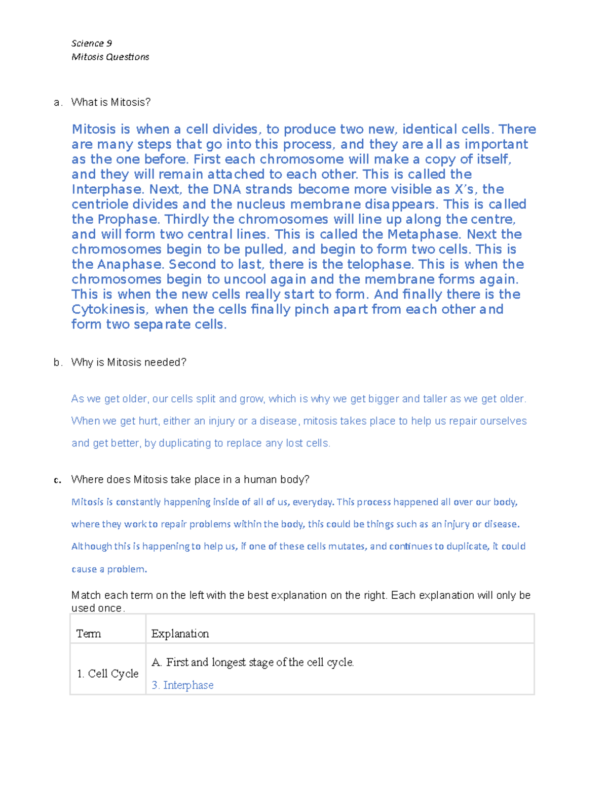 Mitosis Questions - Science 9 Mitosis Questions a. What is Mitosis ...
