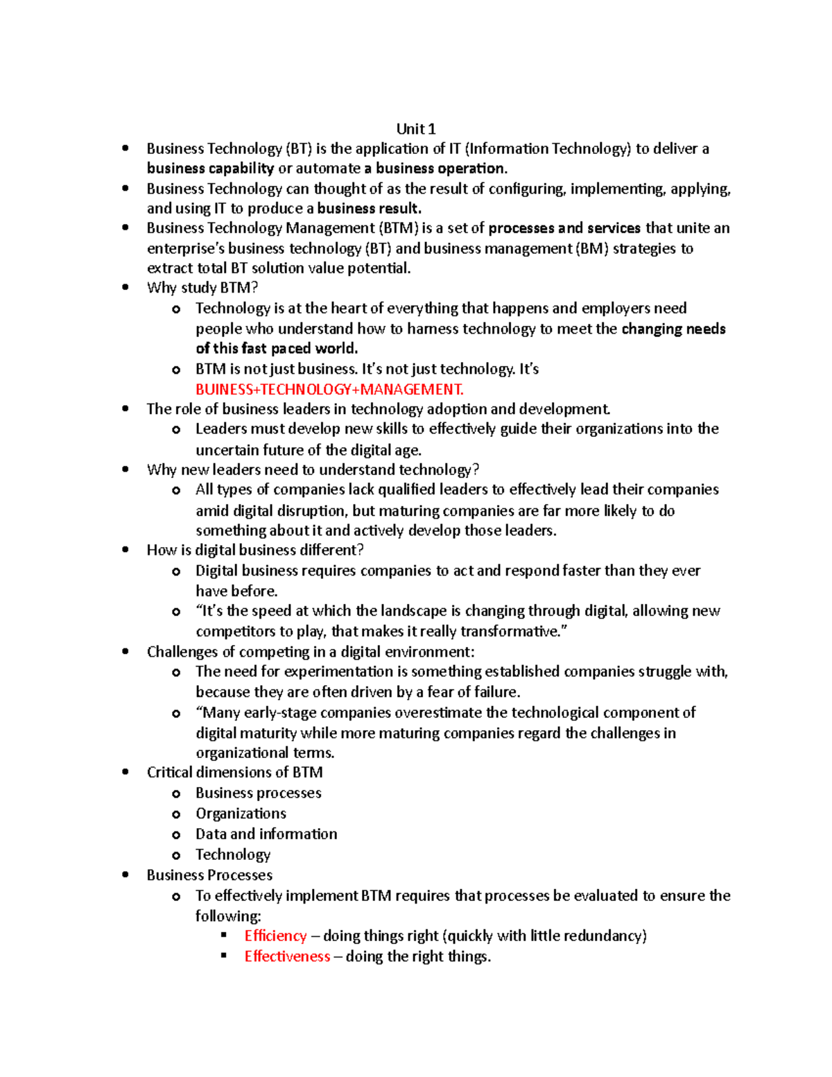 C205- Unit 1 - Unit 1 summary - Unit 1 Business Technology (BT) is the ...