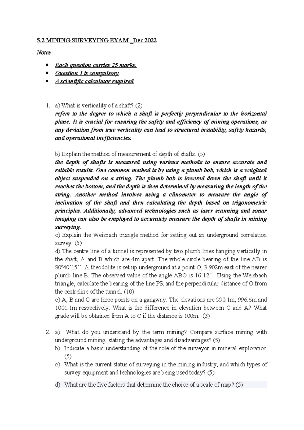 Minining Surveying 5.2 Dec 22 Exam - 5 MINING SURVEYING EXAM _Dec 2022 ...