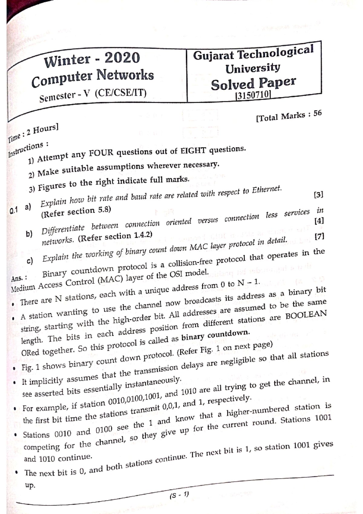 Cn - Question paper - Winter 2020 Gujarat Technological Computer Networks University Solved ...