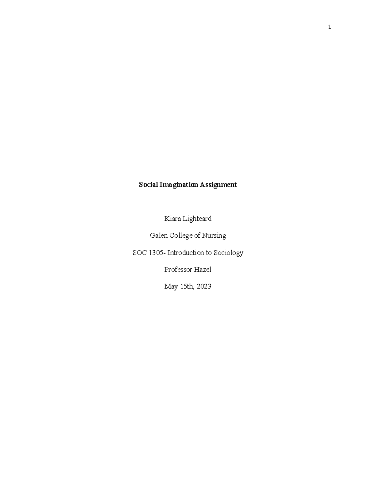 Social Imagination Essay Introduction - 1 Social Imagination Assignment ...