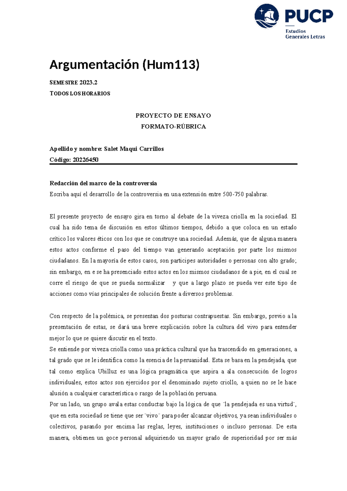 Proyecto de ensayo (formato-rúbrica).2023-2 - Argumentación (Hum113 ...