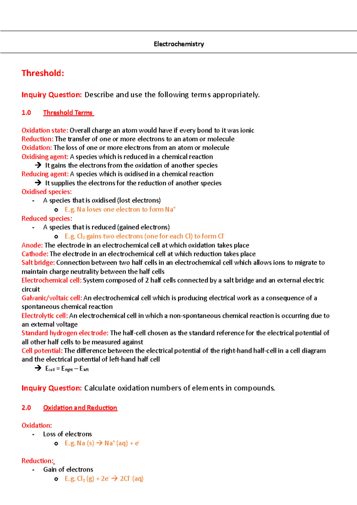 Electrochemistry - Lecture notes - Electrochemistry Threshold: Inquiry ...