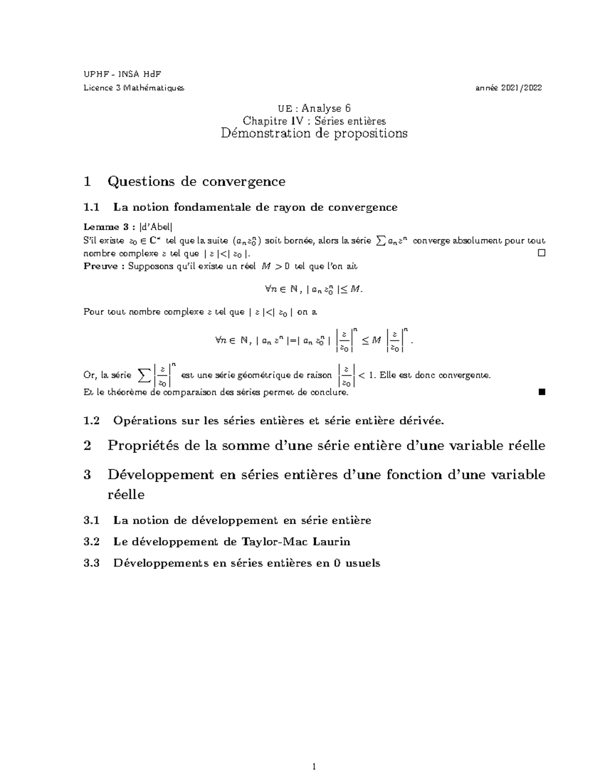 Démonstrations du chapitre 4 (séries entières) - UPHF - INSA HdF Licence 3 Math ́ematiques ann ...