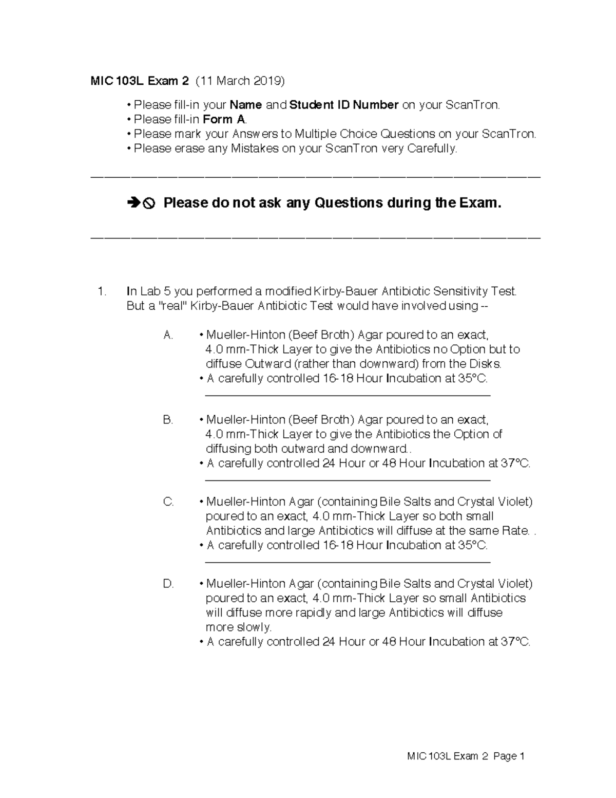 MIC 103L Exam 2 Winter 2019 - MIC 103L Exam 2 (11 March 2019) Please ...