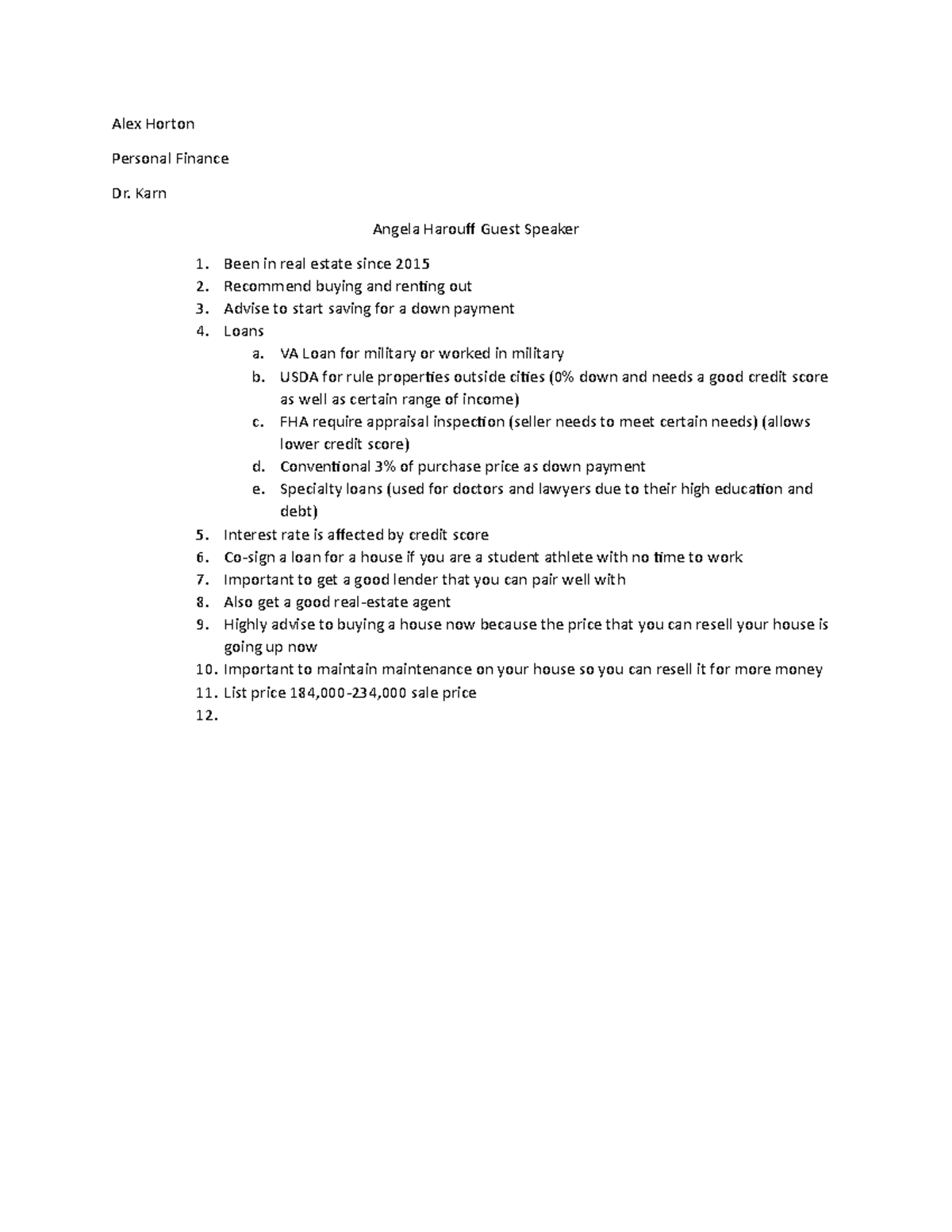 Guest Speaker notes - Dr. Karn's class - Alex Horton Personal Finance ...