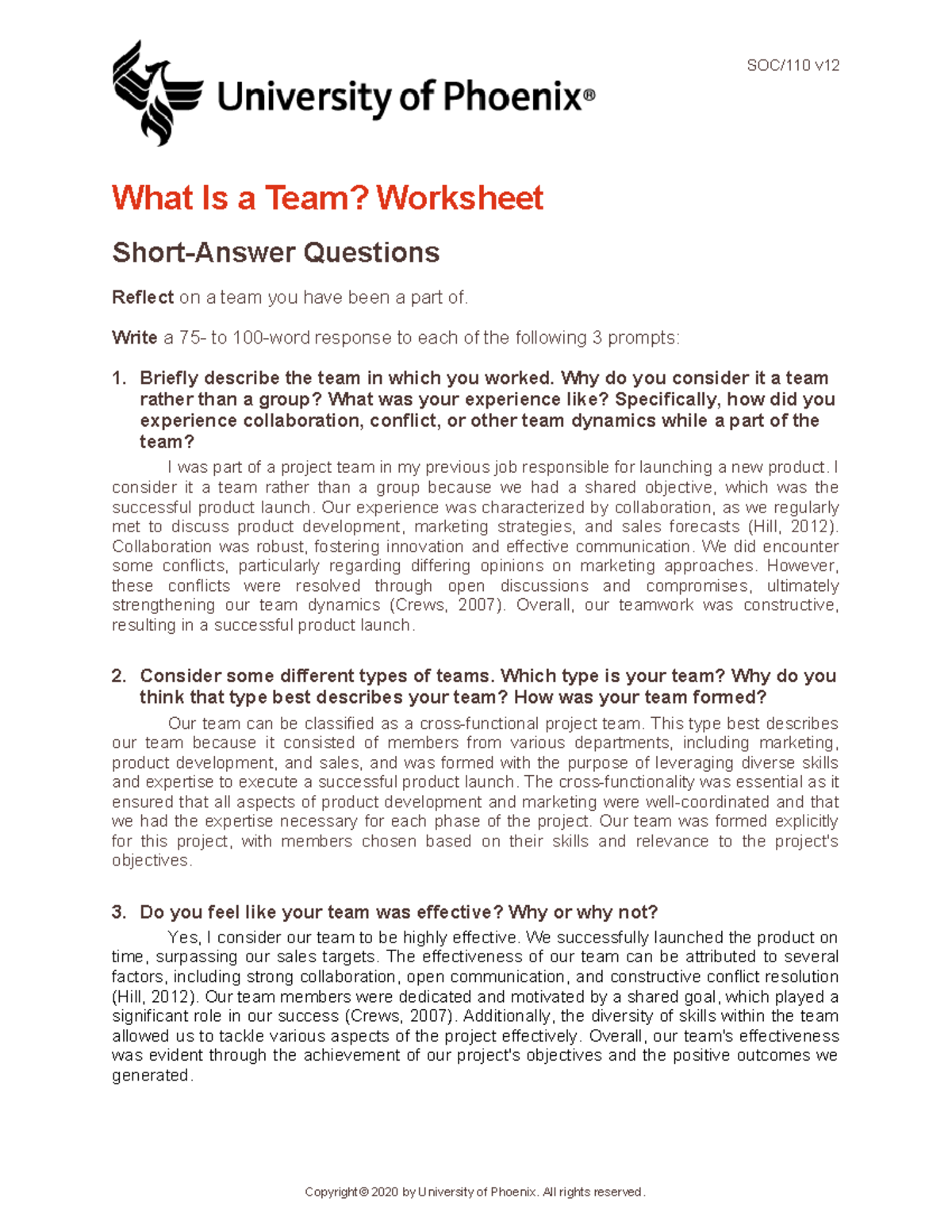 Week1Summative Assignment - SOC/110 v What Is a Team? Worksheet Short ...