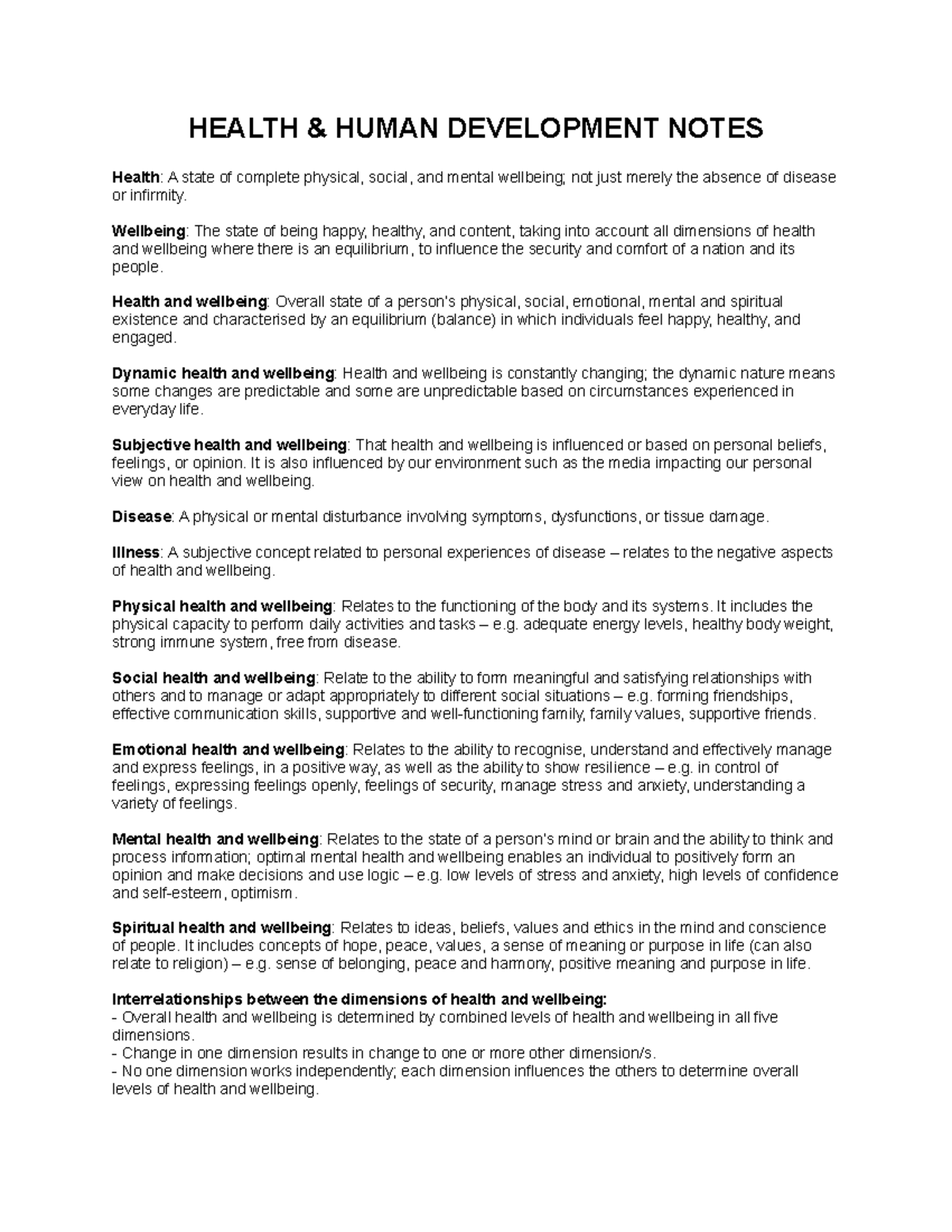 HHD Notes (Topic 1) - HEALTH & HUMAN DEVELOPMENT NOTES Health: A state ...