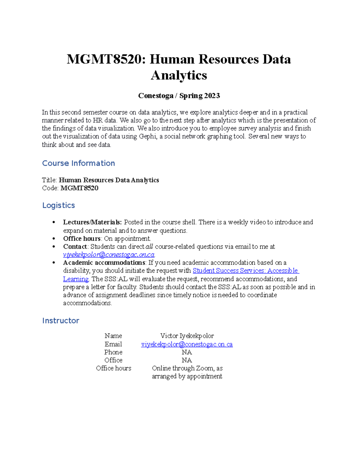 MGMT8520 Course Syllabus Instructional Plan - Spring 2023 - MGMT8520: Human Resources Data ...
