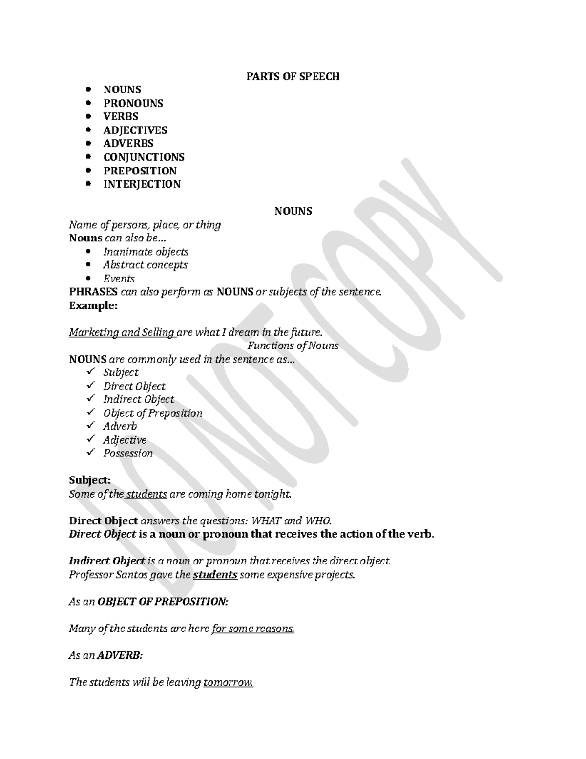 8 Parts OF Speech - PARTS OF SPEECH NOUNS PRONOUNS VERBS ADJECTIVES ...