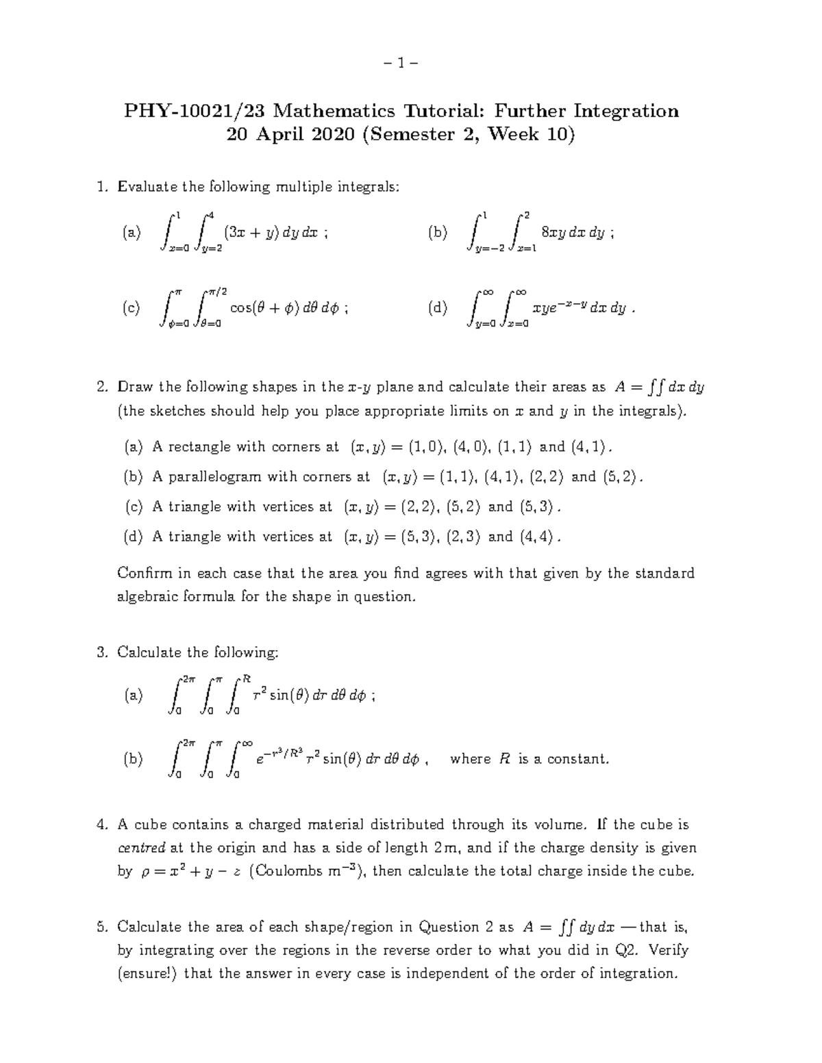 Semester 2 Tutorial 10 2020 - – 1 – PHY-10021/23 Mathematics Tutorial ...