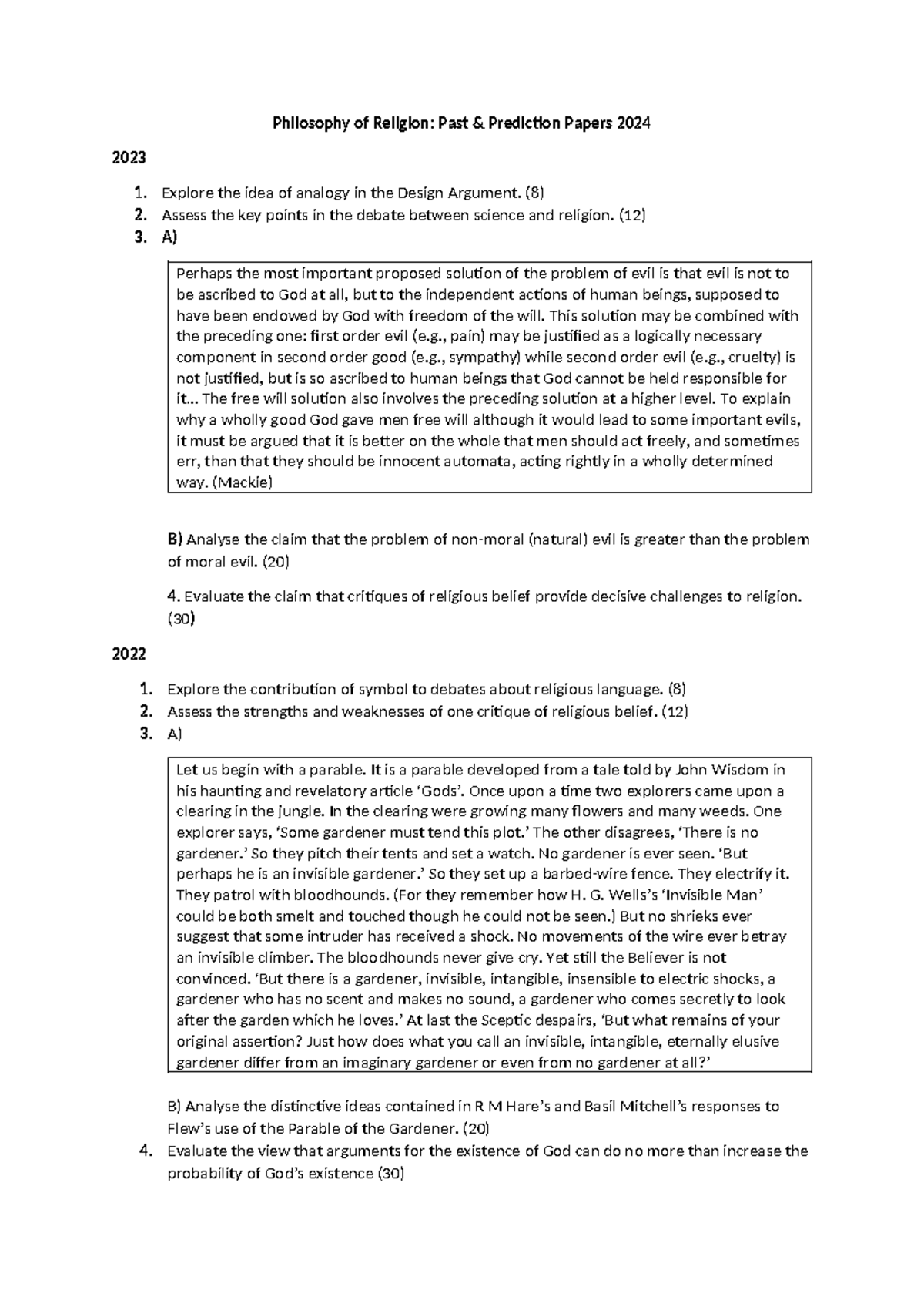 Past and Prediction P of R Papers 2024 - Philosophy of Religion: Past ...