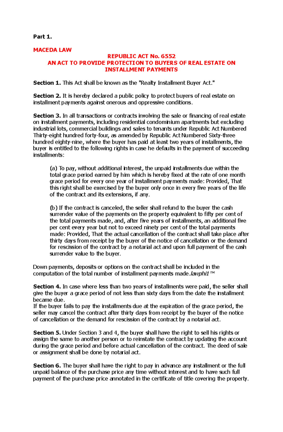 Sales Part 3 Lecture Note - Part 1. MACEDA LAW REPUBLIC ACT No. 6552 AN ...